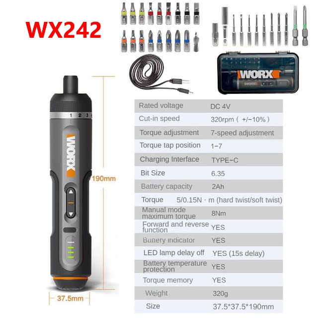 Conjunto De Chave De Fenda Elétrica Worx 4V Mini WX240 WX242 Sem Fio Inteligente USB Cabo ...