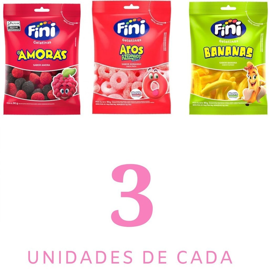 Kit Fini Amora ,Banana e Aros de Morango 3 Unidades de Cada | Shopee Brasil