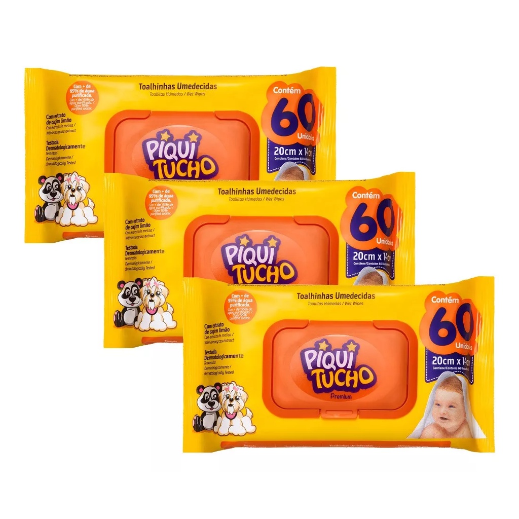 Kit C/3 Toalhas umedecidas Piquitucho Premium 60 un | Shopee Brasil