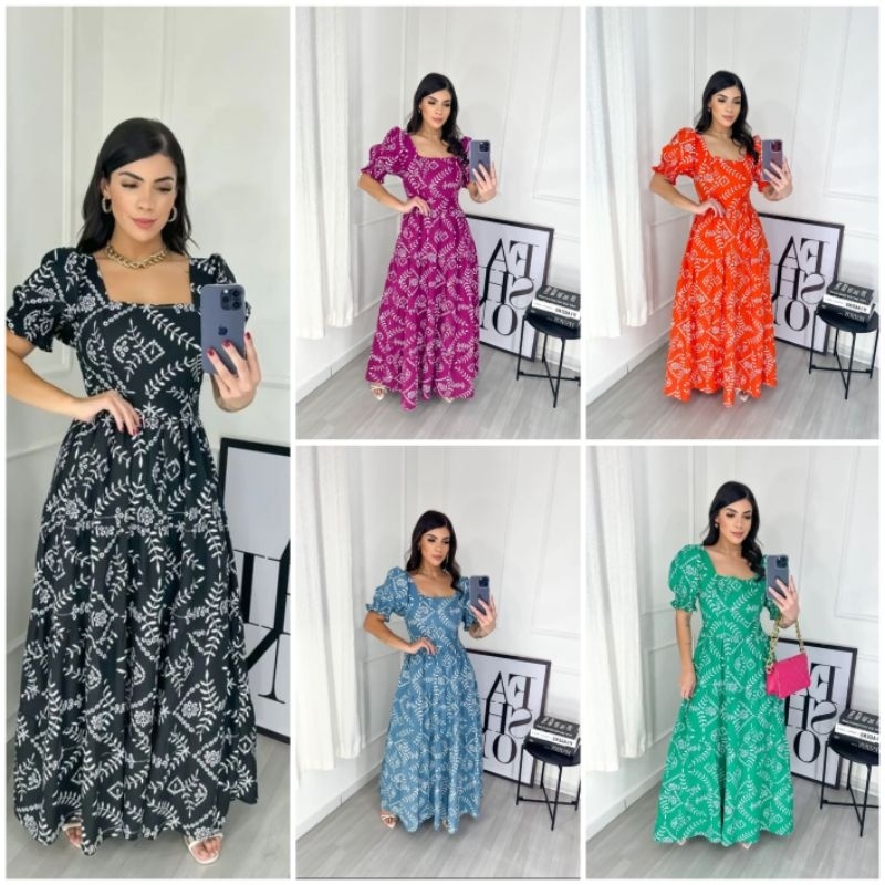 Vestido Emma Longo com Manga Bufante Estampado Moda Evangélica | Shopee ...