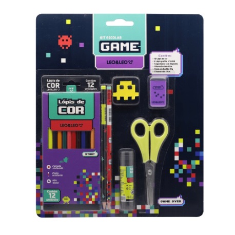 KIT ESCOLAR GAMER COM LAPIS DE COR 12 CORES 2 LAPIS GRAFITE BORRACHA ...