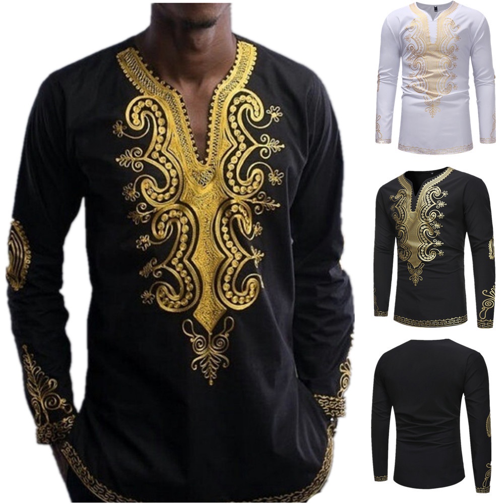 Mais Tamanho Camisa Bata Masculina Africana Estilo Afro Ouro Impresso ...