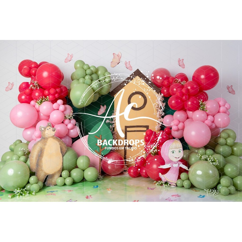 PAINEL FUNDO FOTOGRAFICO TEMA MASHA E O URSO SMASH COM BALOES VERDE E ROSA EM TECIDO SUBLIMADO ...