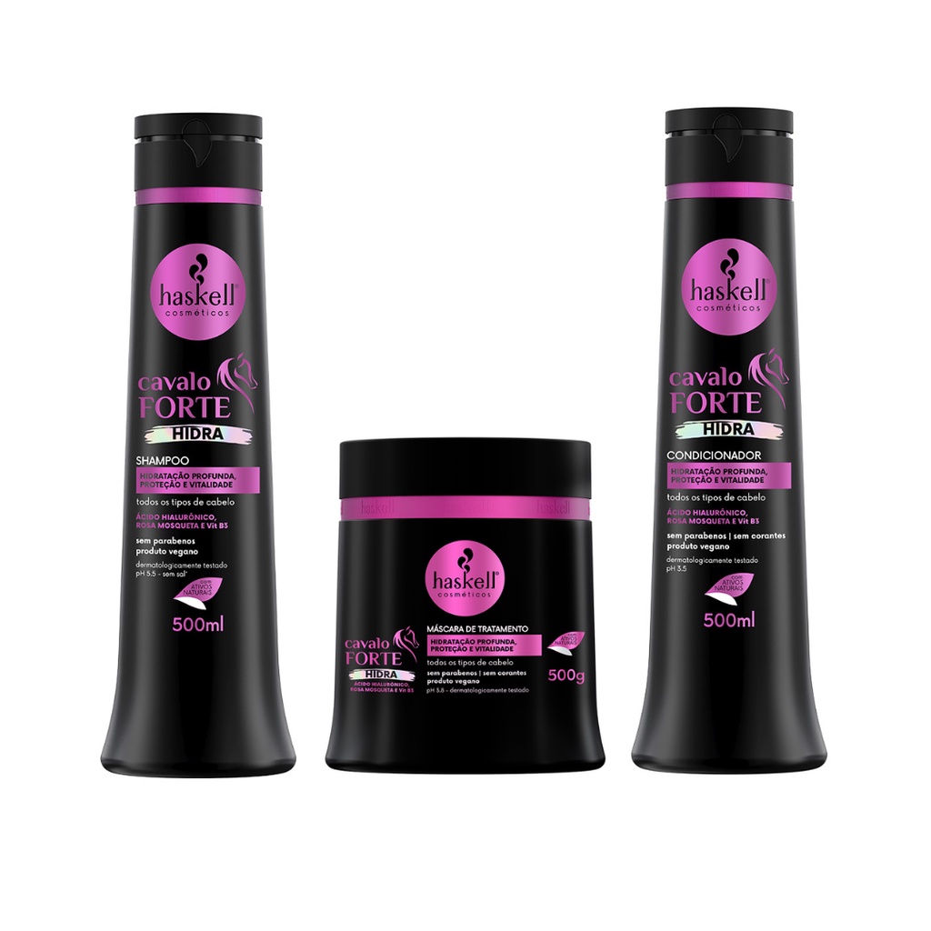 Kit Shampoo + Condicionador 500ml + Máscara 500g Haskell Cavalo Forte Hidra Ácido Hialurônico ...