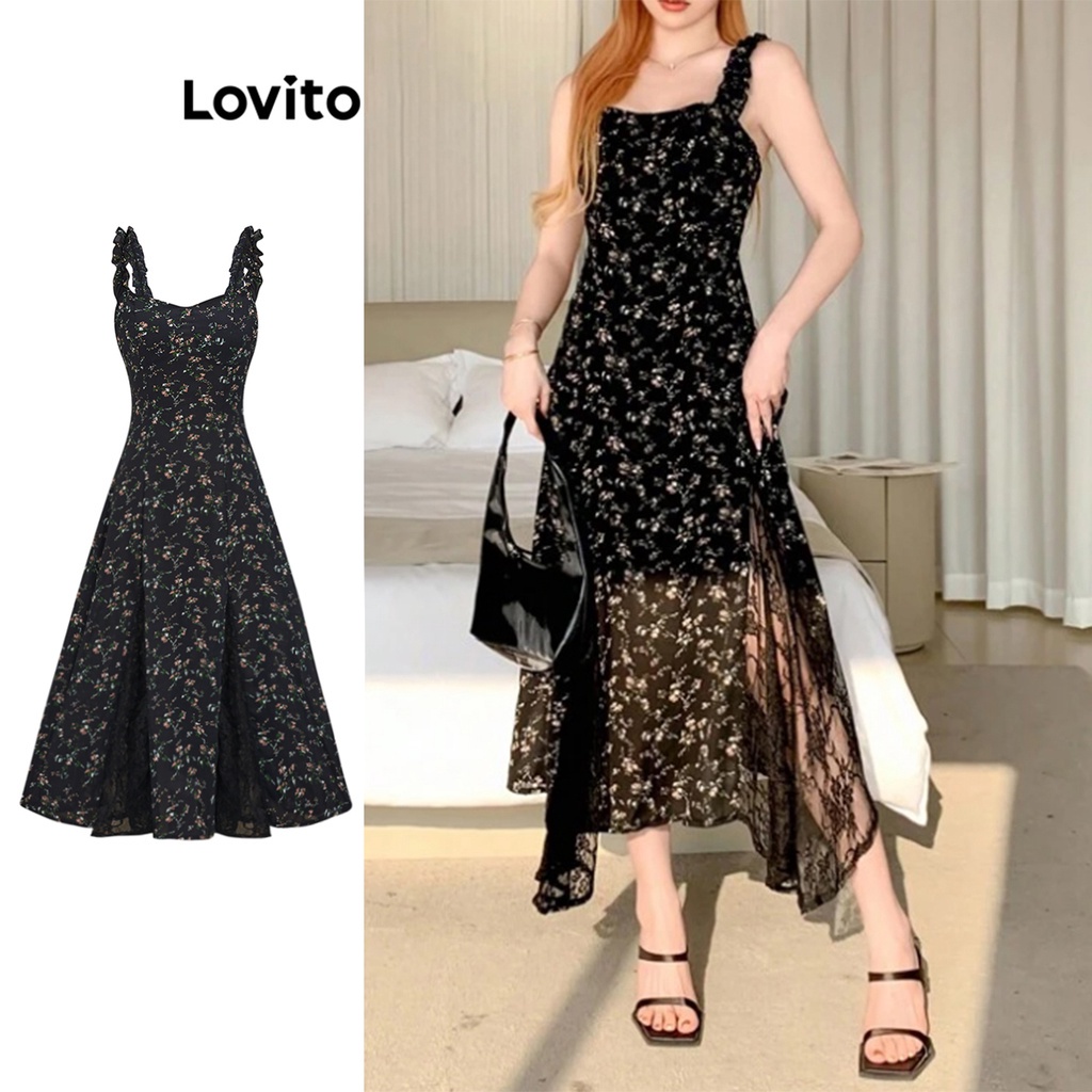 Lovito Casual Ditsy Floral Vestido Feminino De Renda Com Babado