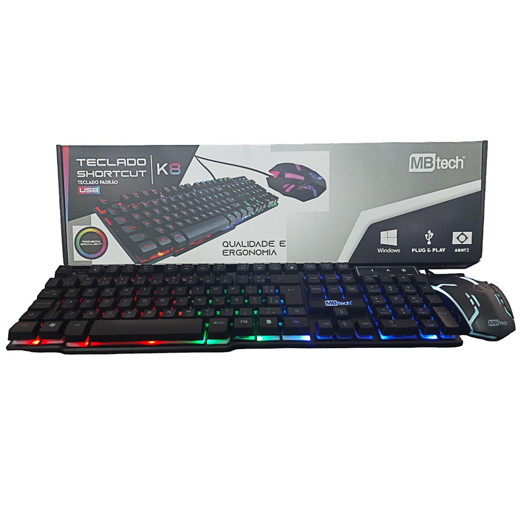 Kit Teclado Multimídia e Mouse Gamer RGB Rainbow K8 com Fio - MB Tech | Shopee Brasil