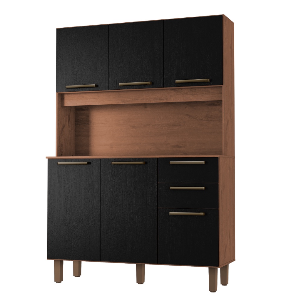 Armário de Cozinha Completa Compacta 6 Portas 2 Gavetas 1,20m Pop Nature / Preto Zanzini ...