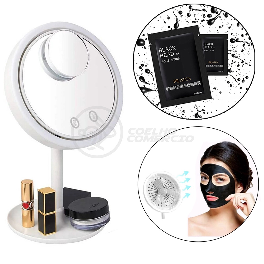 Conjunto Skincare Espelho Ring Light Com Ventilador E Mini Espelho 5x