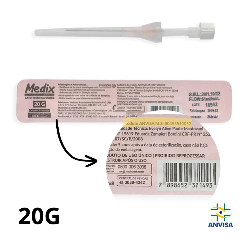 Cateter numero 20 piercing Intravenoso Periférico Jelco UNIDADE ...