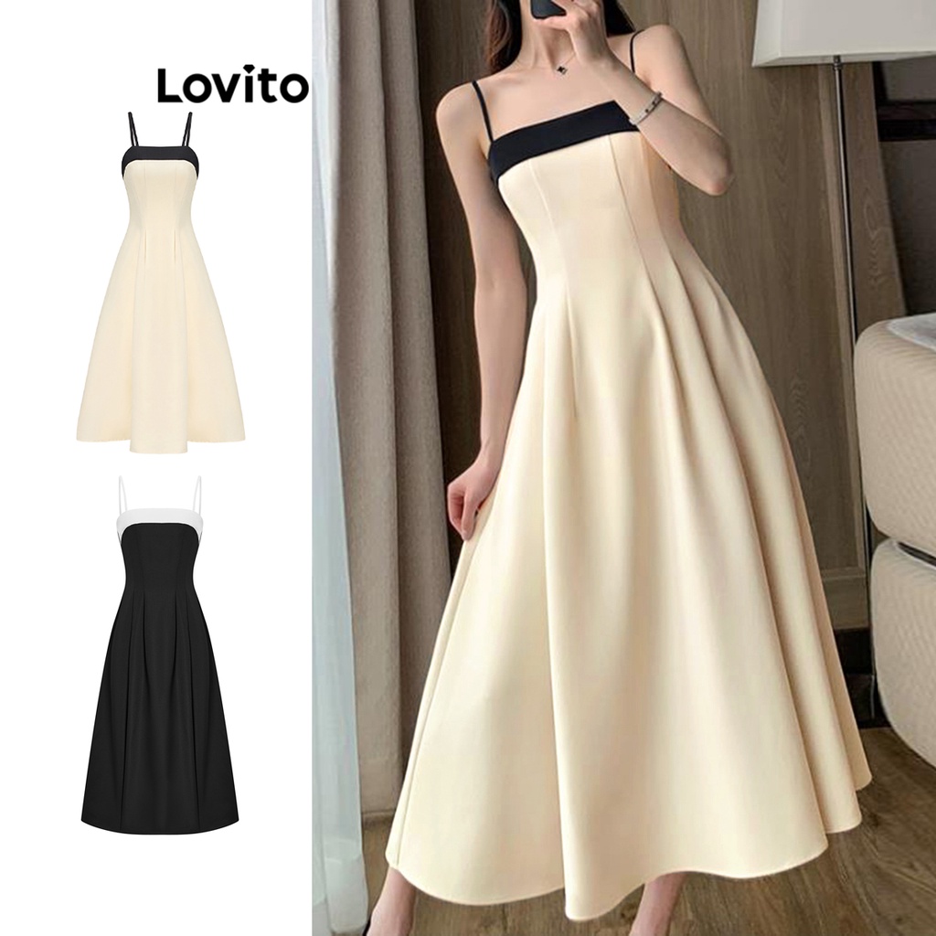 Lovito Elegante Liso Vestido Feminino Com Tecido Costurado Colorblock