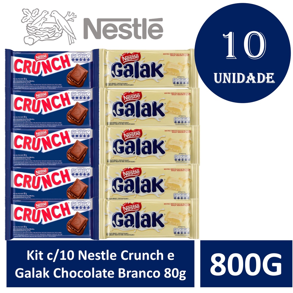 Kit c/10 Nestle Crunch e Galak Chocolate Branco 80g | Shopee Brasil