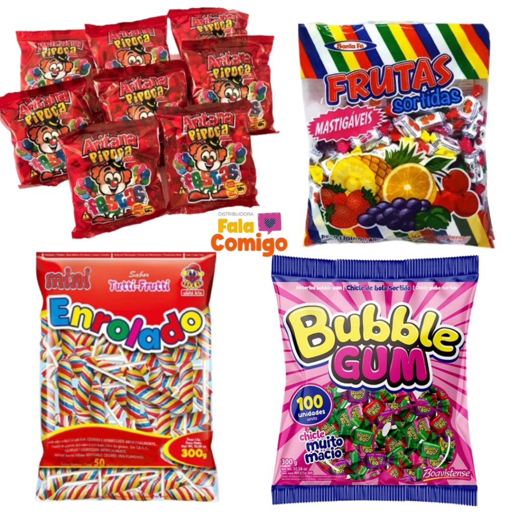 Kit 4 Guloseimas Pipoca Bala Pirulito Chiclete Sortido | Shopee Brasil