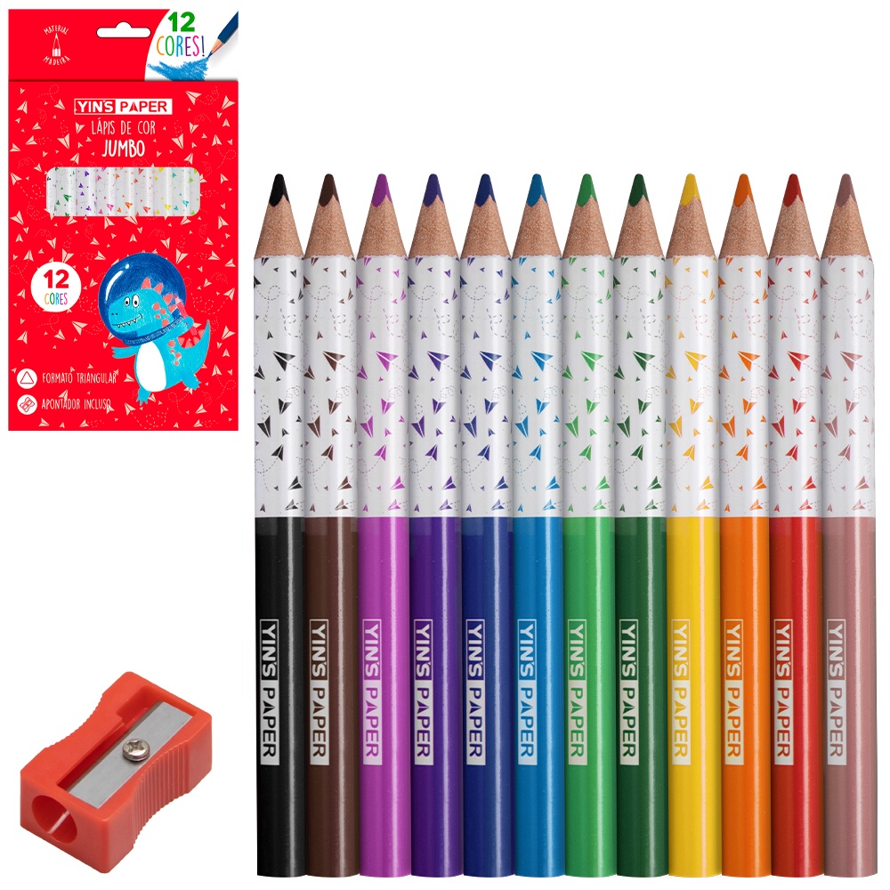 Lapis De Cor Escolar Jumbo Triangular 12 Cores + Apontador Yins Paper ...