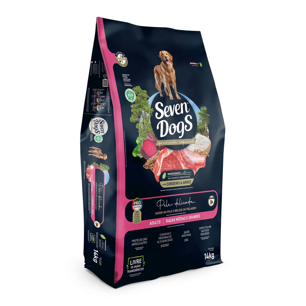 Ração Seven Dogs Adulto Raças Médias e Grandes Peles Delicadas Sabor ...