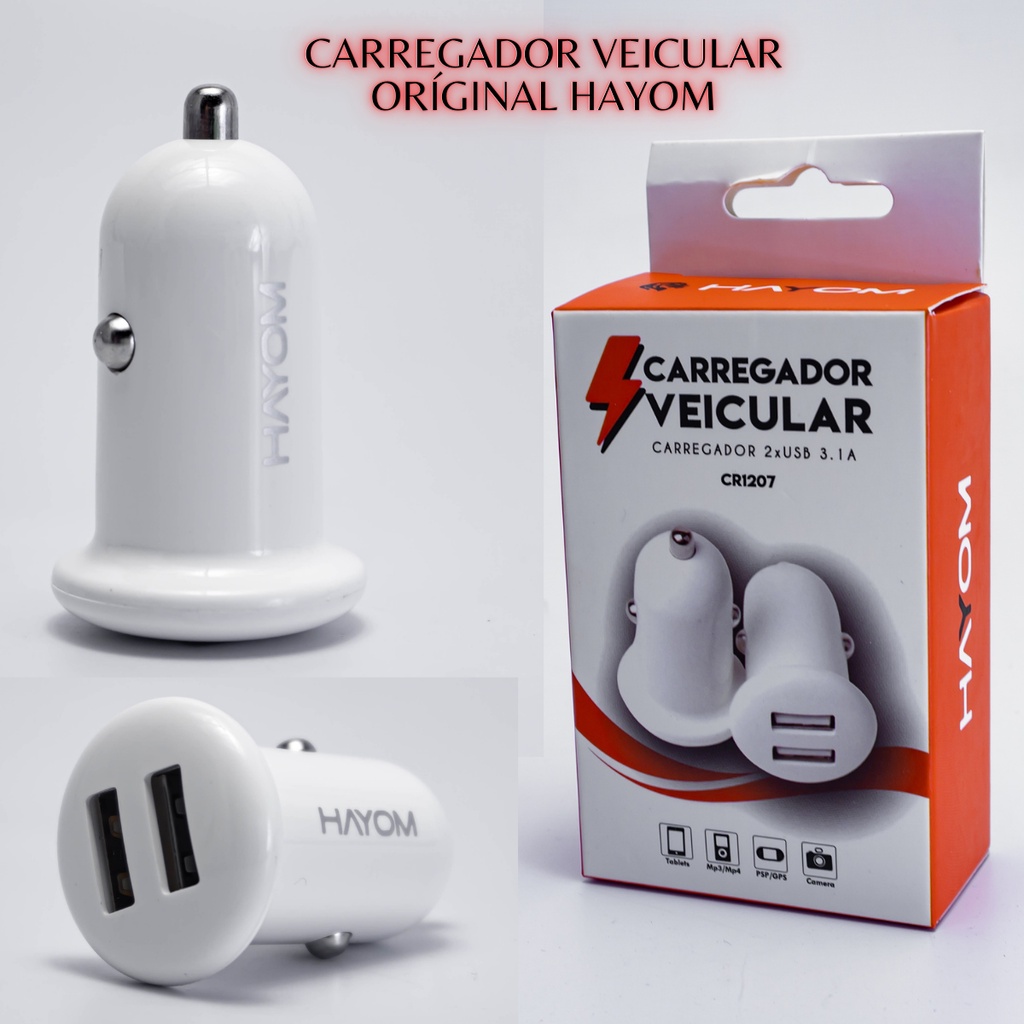 Carregador Veicular CR1207 Hayom Original 2 Portas USB 3.1A 12-24W Alta ...