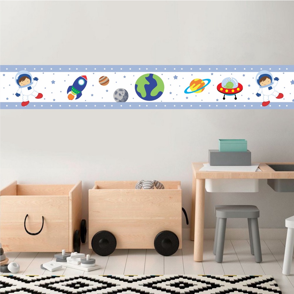 Faixa Adesiva Decorativa Astronauta - Papel de Parede Infantil Sistema Solar - Adesivo de Parede ...