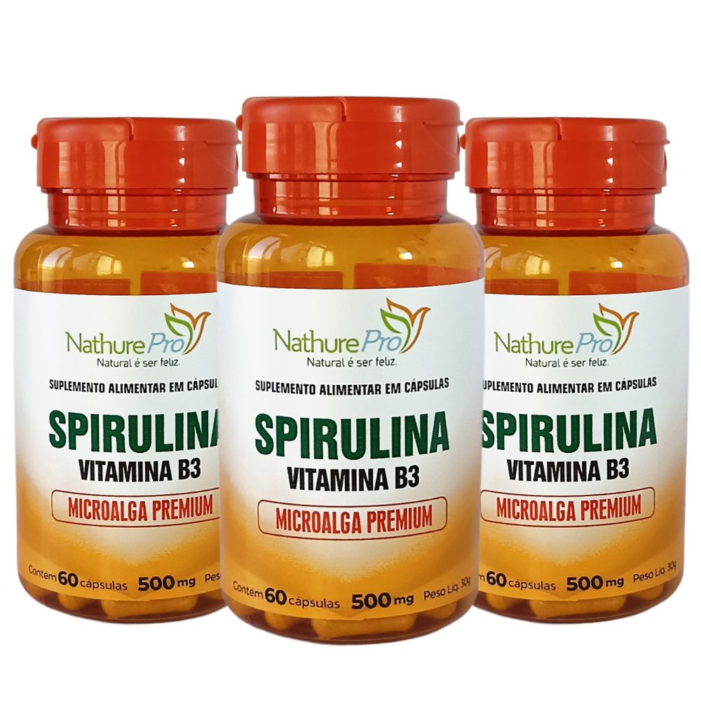 Kit 3 Spirulina Vitamina B3 Microalga Premium 60 Cápsulas 500mg ...
