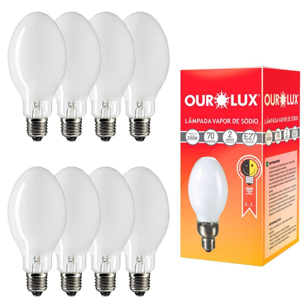 Kit 8 Lampadas Vapor Sodio Ovoide 70W E27 2000K Luz Amarela | Shopee Brasil