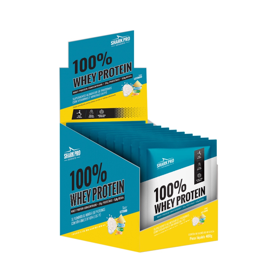 100% Whey Protein Leitinho Sachê c/ 10 unid 40g - Shark Pro | Shopee Brasil