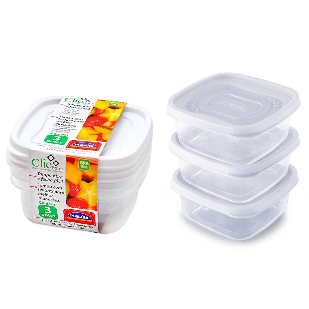 Kit 3 potes 580ml plasútil plástico para mantimentos alimentos frutas ...