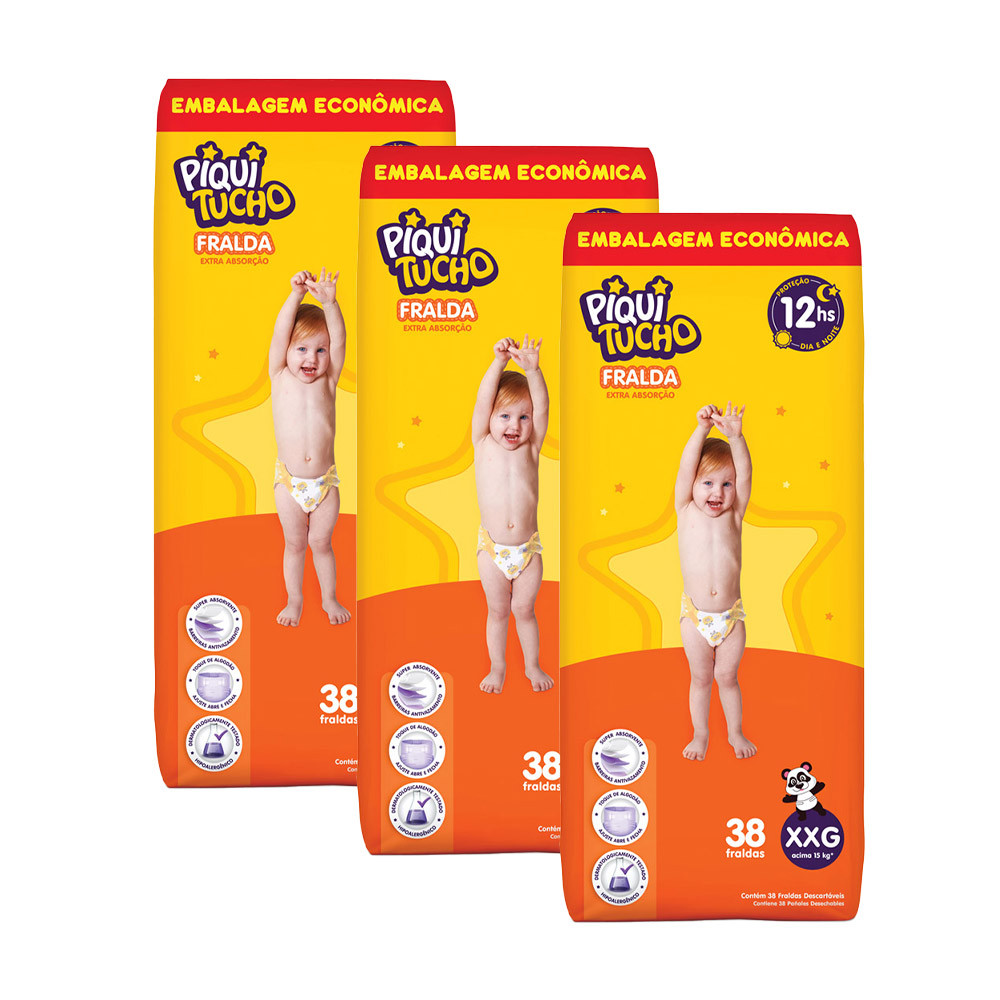 Kit 3 Fralda Descartavel Infantil Piquitucho Hiper XXG | Shopee Brasil