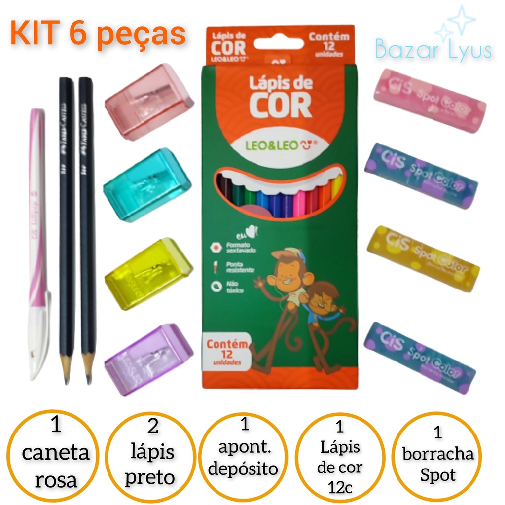 Kit Lapis de cor+Lapis Preto+Borracha+Apontador+Caneta | Shopee Brasil