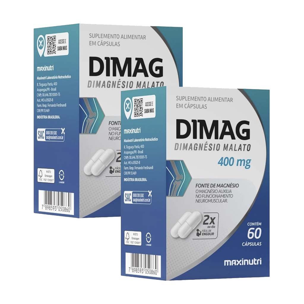 Kit 2 Magnésio Dimalato 400mg Dimag 60 Caps Cada Maxinutri | Shopee Brasil