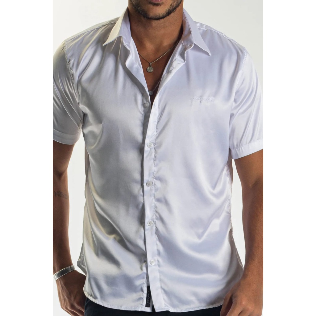 Camisa Masculina Per Pochi Cetim M/C Gola Italiana | Shopee Brasil