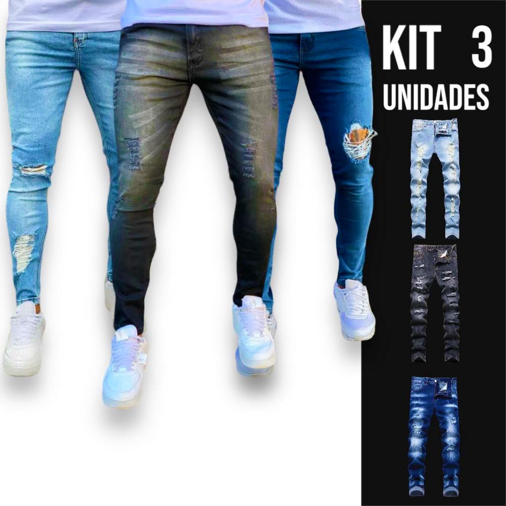 Kit 3 Calças JEANS RASGADAS SKINNY Masculinas Casual Elastano Slim ...