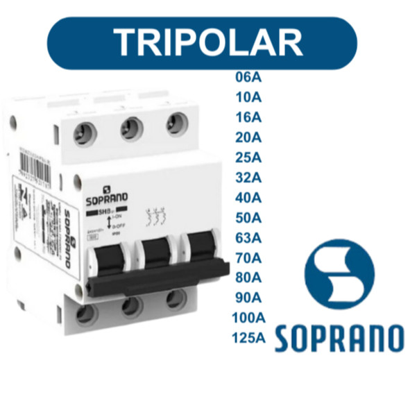 Disjuntor Tripolar 3 Polos 6A 10A 16A 20A 25A 32A 40A 50A 63A 70A 80A 90A 100A 125A SOPRANO ...