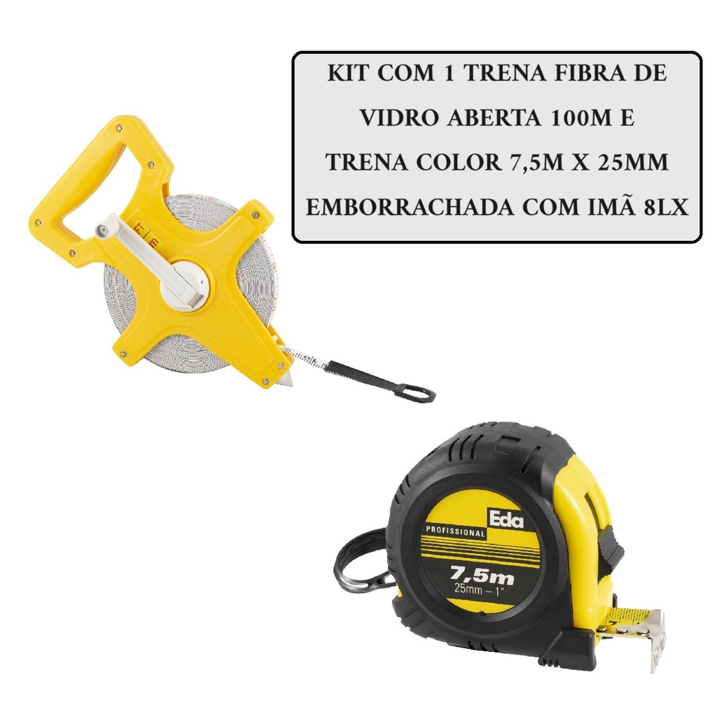 Kit com Trena Fibra De Vidro Caixa Aberta 100M + Trena Emborrachada com ...