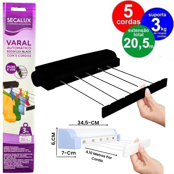 Varal Inteligente Automatico Rotoflex Recolhivel 5 Cordas Ate 4,10mts ...