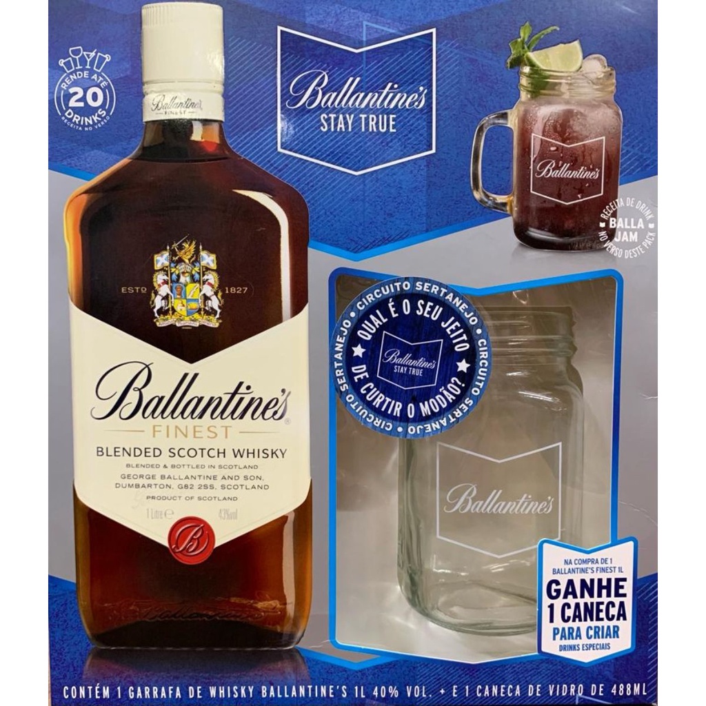 Kit Whisky Ballantine's Finest 8 Anos 1000ml Com uma Caneca De Vidro ...