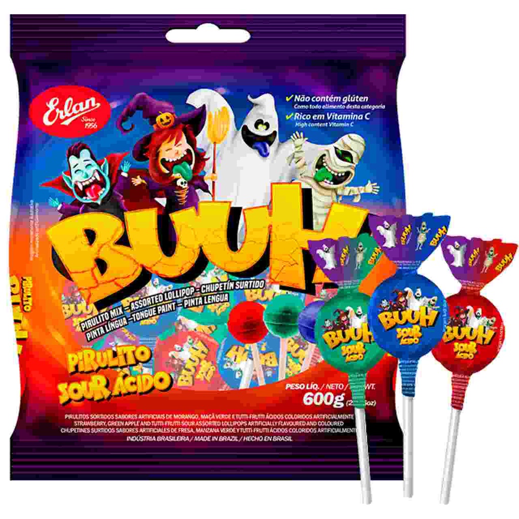 Pirulito BUUH Morango, Maça VErde e Tutufrutti pinta lingua | Shopee Brasil