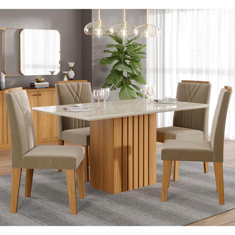 Conjunto Sala de Jantar Ana 130X80 Tampo em MDF/Vidro 4 Cadeiras Nicole Cimol Nature/Off White ...