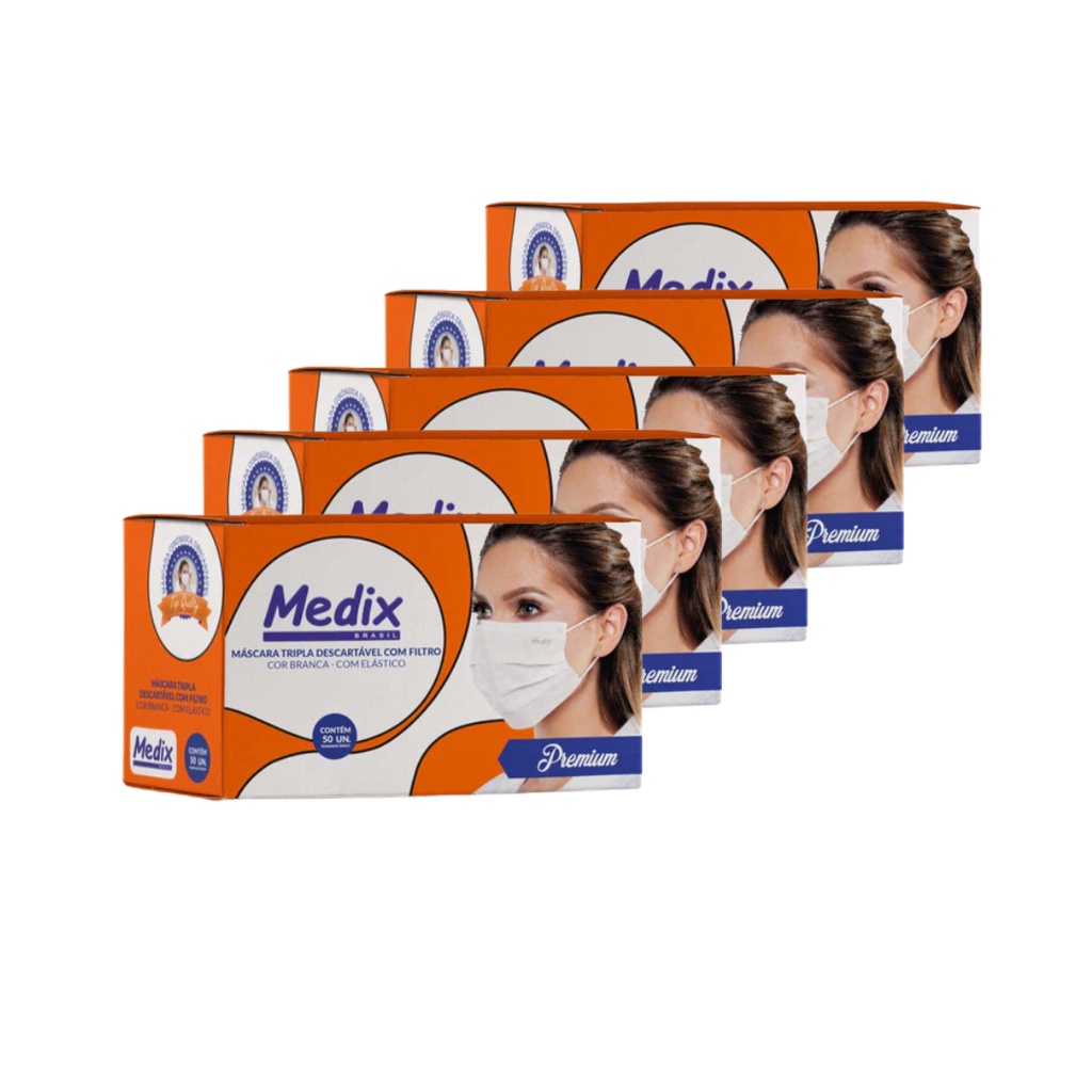 Kit com 5 Máscara Tripla Descartável Branca (250 unidades) - Medix ...