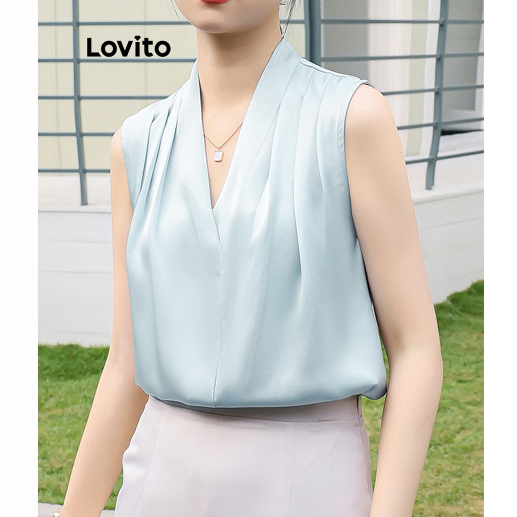 Lovito Blusa Elegante Plissada Lisa Para Mulheres LNE31135 (Azul Pálido ...