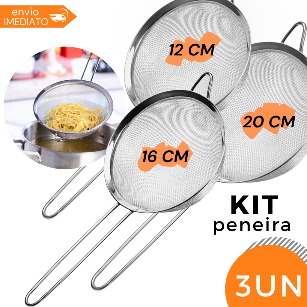 Kit 03 Peneira Coador Manual Em Aço Inox Para Cozinha 12cm 16cm 20cm ...