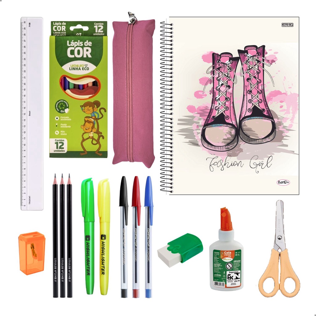 Kit Material Escolar Caderno Estojo Caneta Marcador Lapis Feminino ...