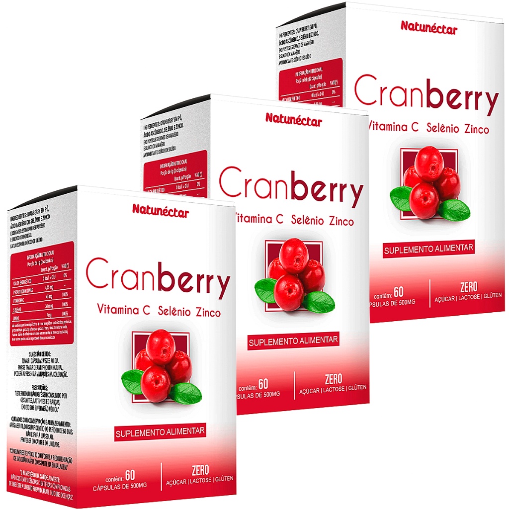 Kit 3 Potes Cranberry Natunectar Original -180 Capsulas 500mg ...