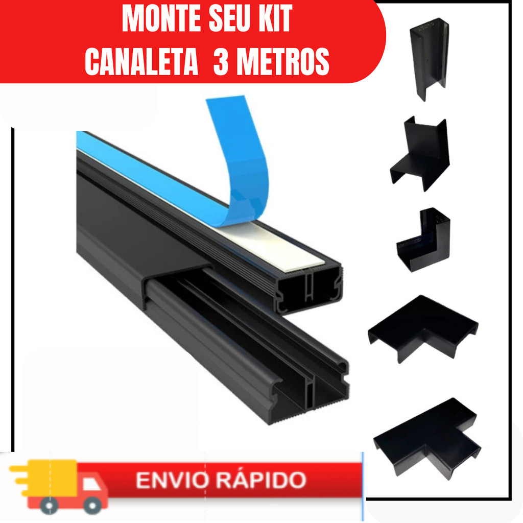 4 Metros Canaleta Organizador de Fios Preta 20x10mm Sistema X Com Fita ...