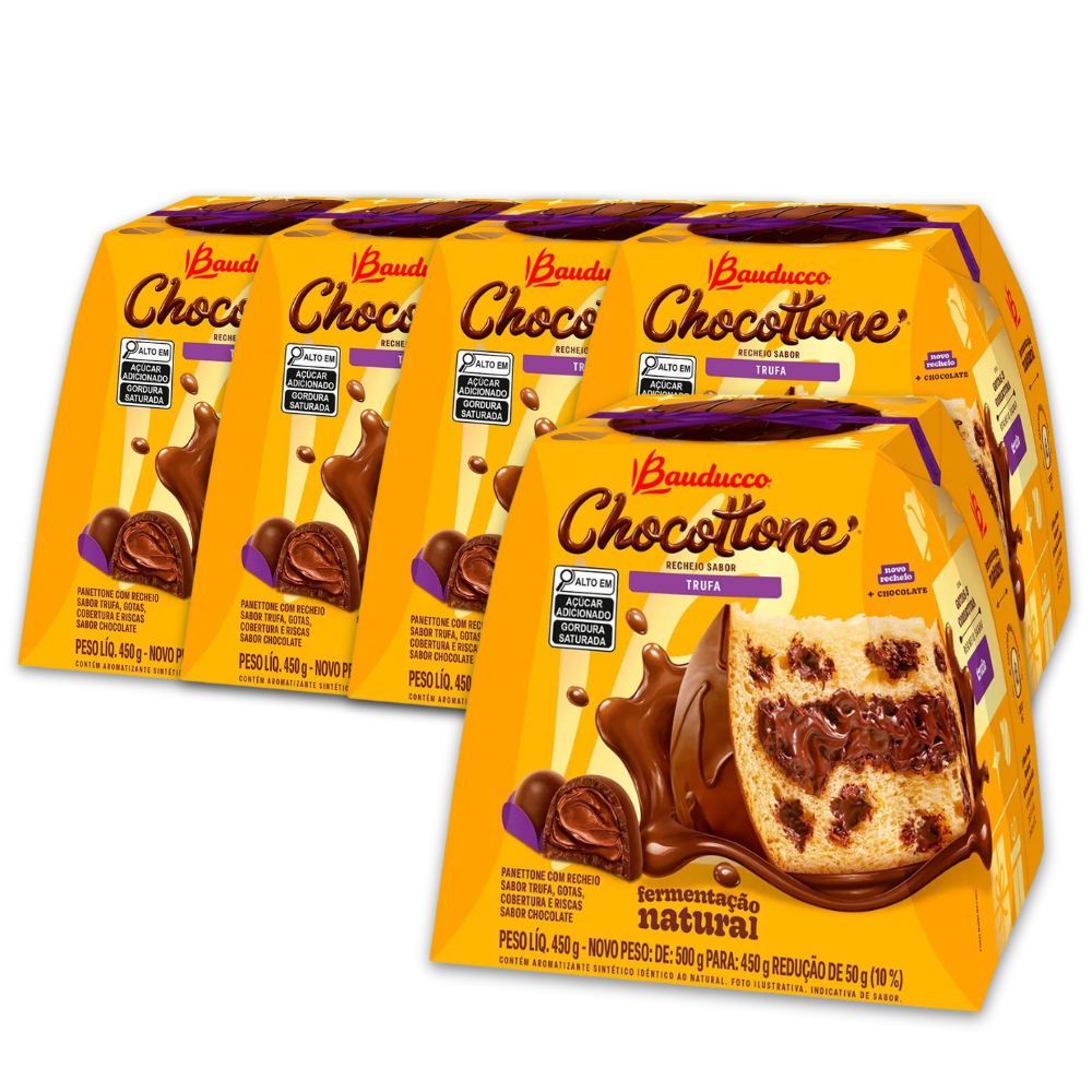 Chocotone Bauducco Kit 5 Panetones Recheados Trufa 450g | Shopee Brasil