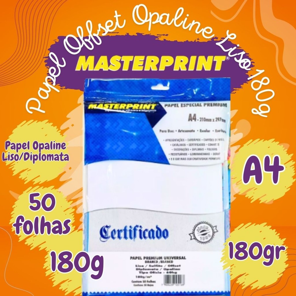 Papel Offset Opaline Liso 180g 50 Folhas A4 Branco Diplomata Masterprint | Shopee Brasil
