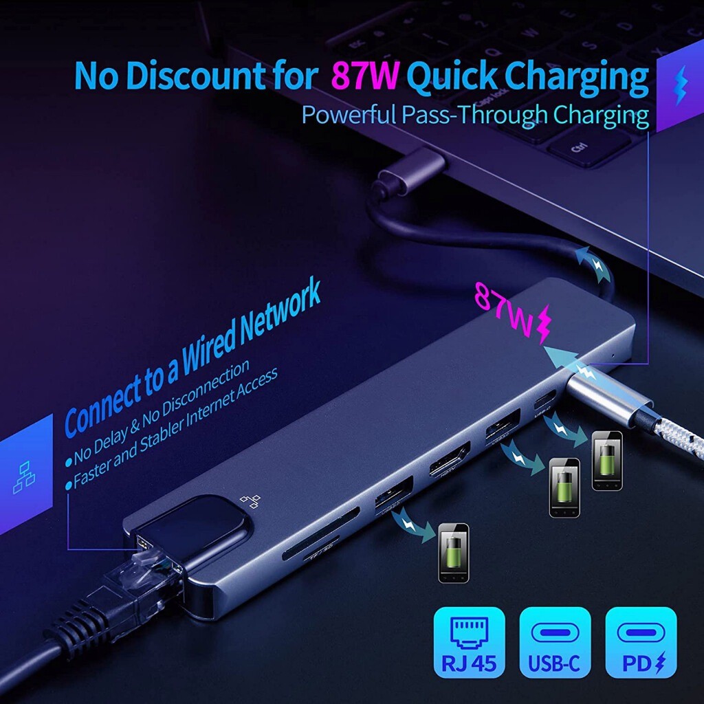 Hub USB Tipo C 7 EM 1/8 Em 1 Para 2.0 3.0 HDMI 4K RJ45 Rede SD TF ...