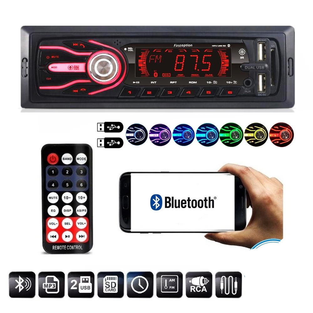Aparelho de Som Carro Radio Automotivo Mp3 1 Din Bluetooth Pendrive 2 Usb Sd 7 Cores | Shopee Brasil