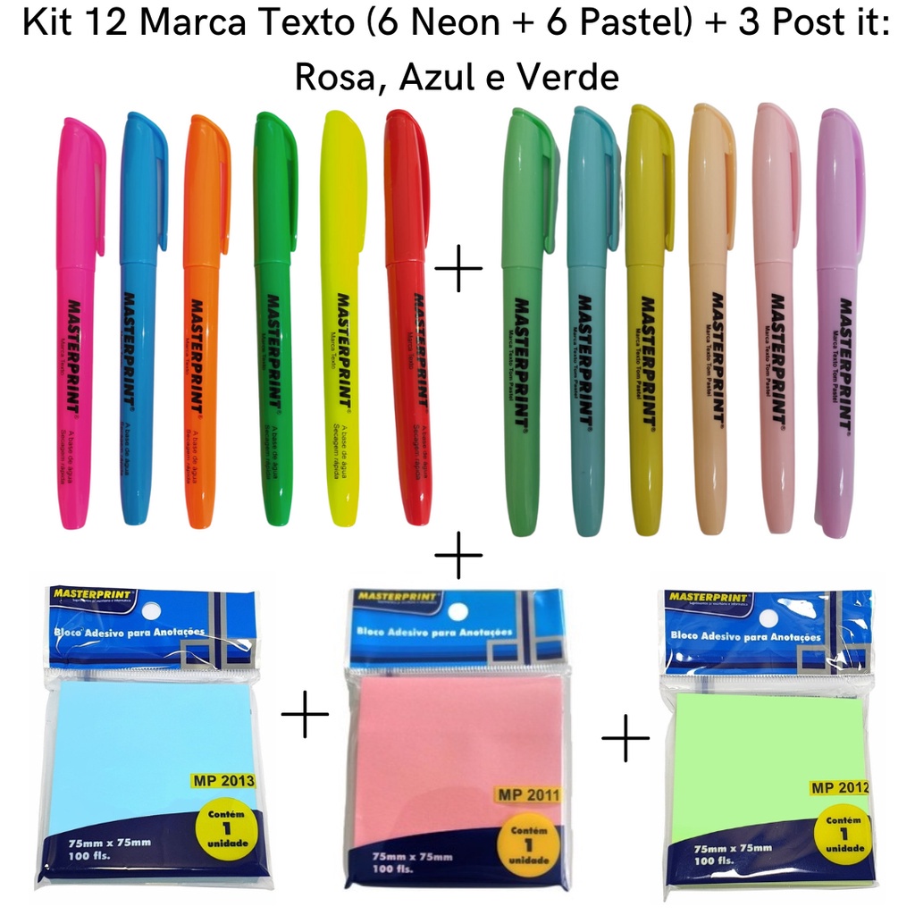 Kit 12 Marca Texto (6 Neon + 6 Pastel) + 3 Blocos Notas Adesivo ...