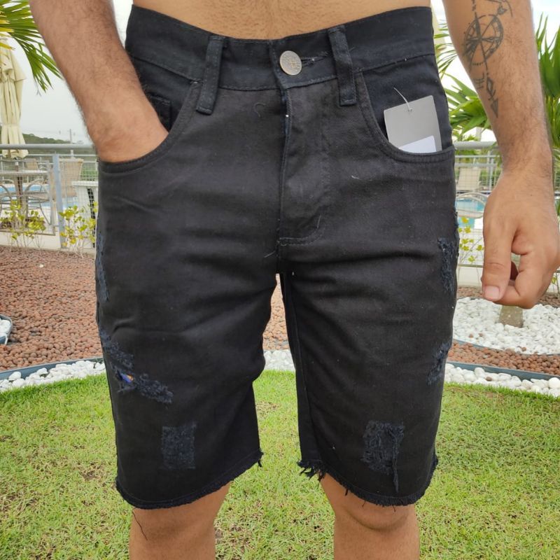bermudas shots masculina jeans preto rasgado slim premium sarja ...