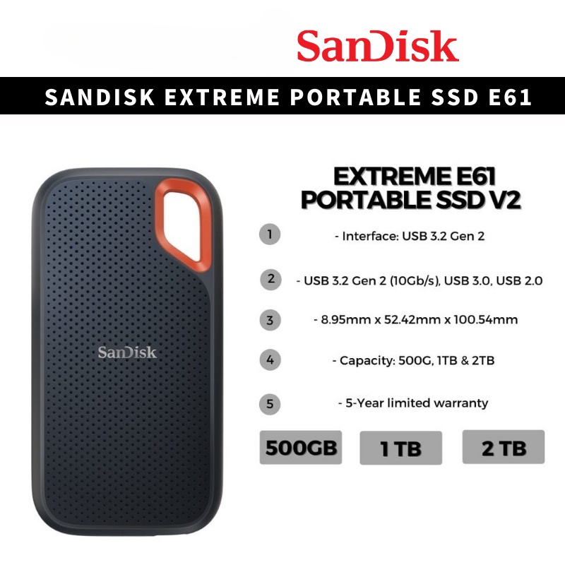 SanDisk Extreme Portable SSD 500GB/1TB/2TB 1050MB/s E61 USB 3.2 Gen 2 Tipo C Unidade Externa De ...