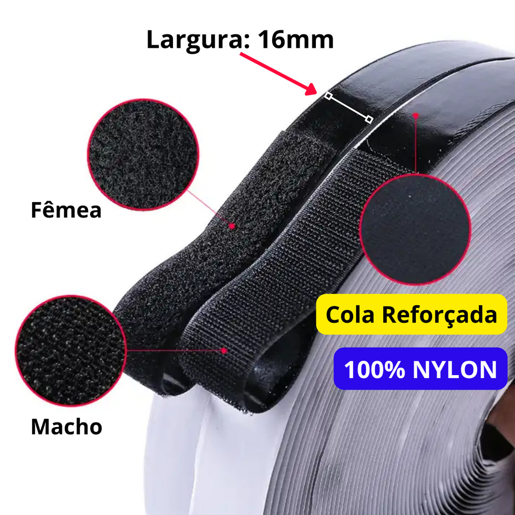 Fita Fixadora de velcro Adesivo 16mm Macho e Fêmea Preta Dupla Face ...