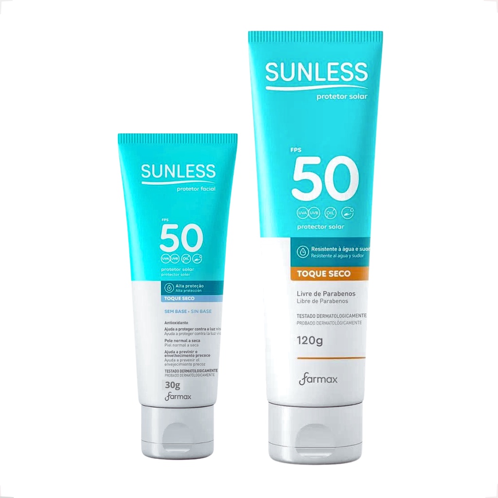 Kit Protetor Solar Facial e Corporal FPS 50 Sunless Sem Cor Toque Seco ...